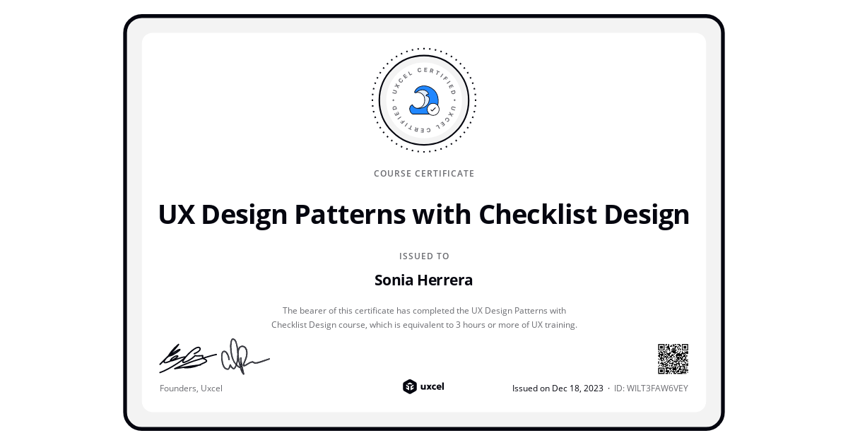 Certificate of completion for UX Design Patterns with Checklist Design | Uxcel